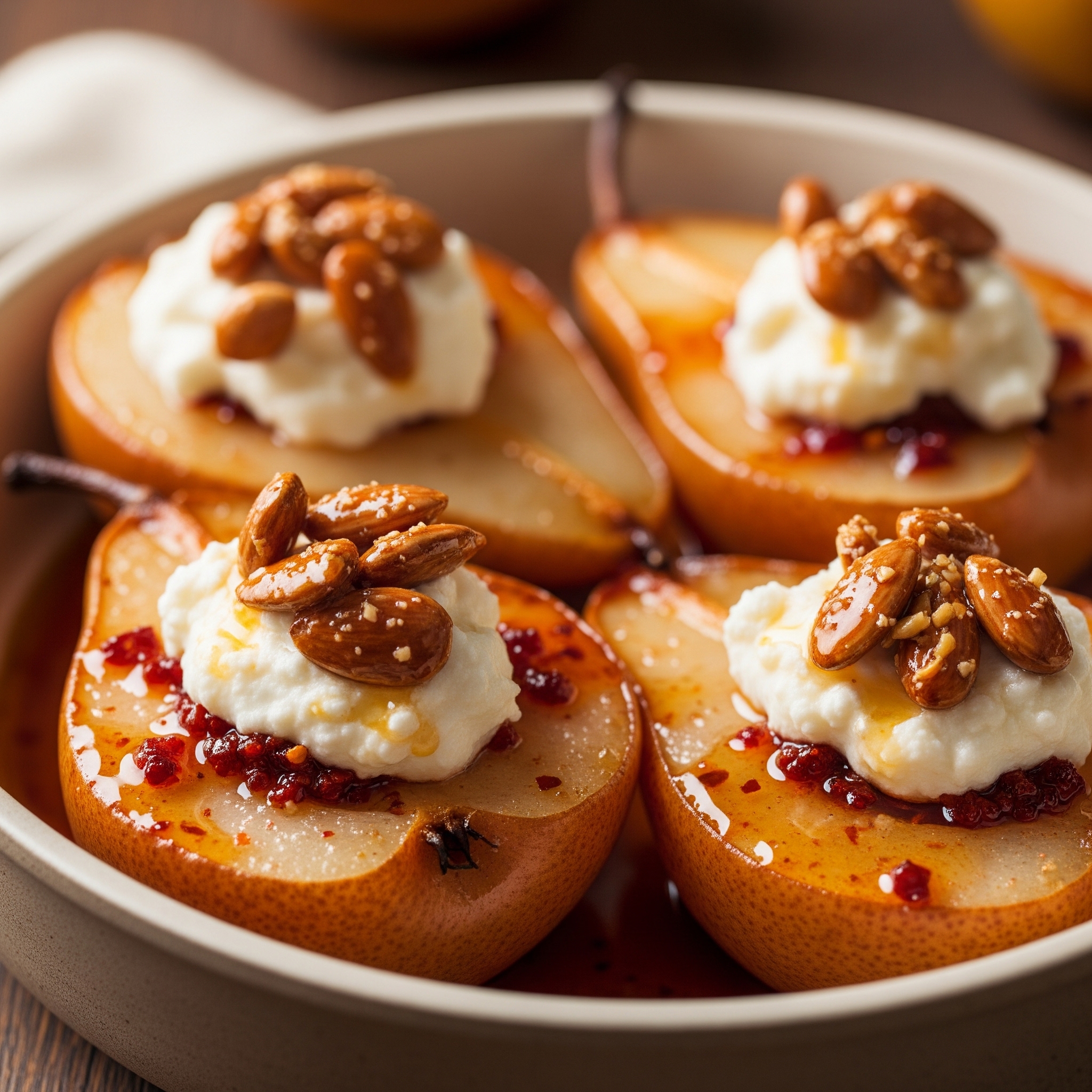 Peras Bravas: Asadas con Miel Picante, Ricotta de Limón y Praliné de ...